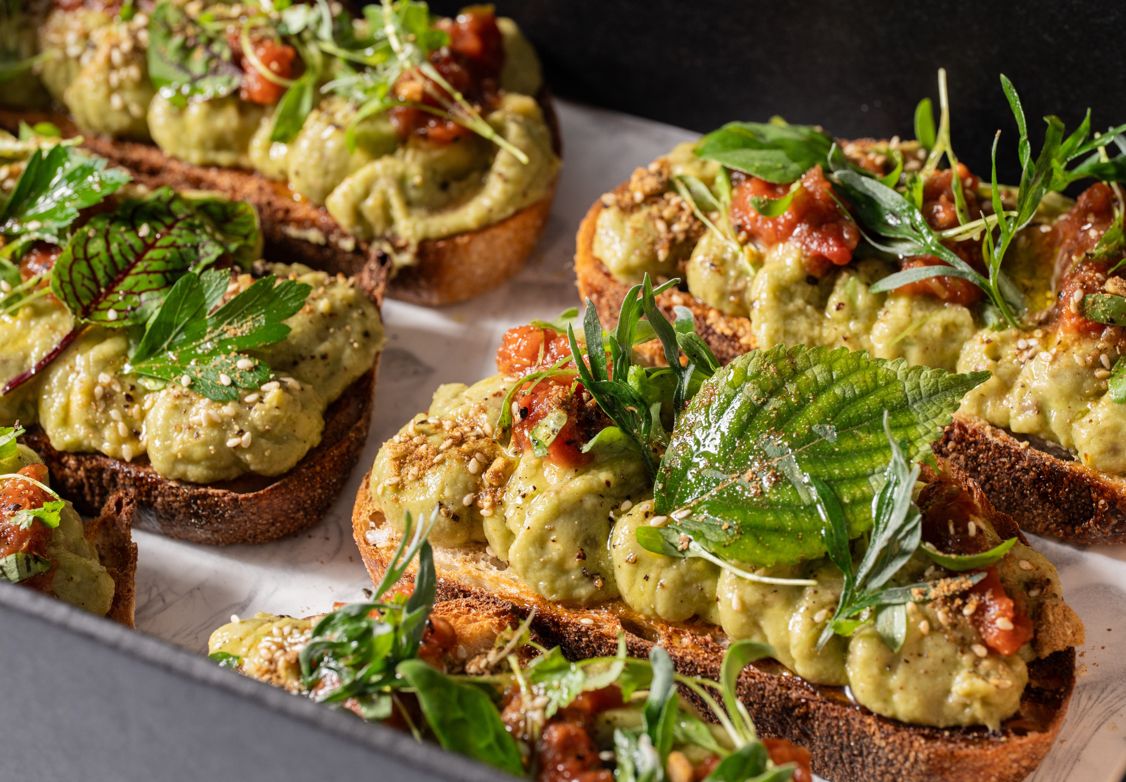 Avocado, dukkah & herb open sandwich – Catering by Simon Sandall
