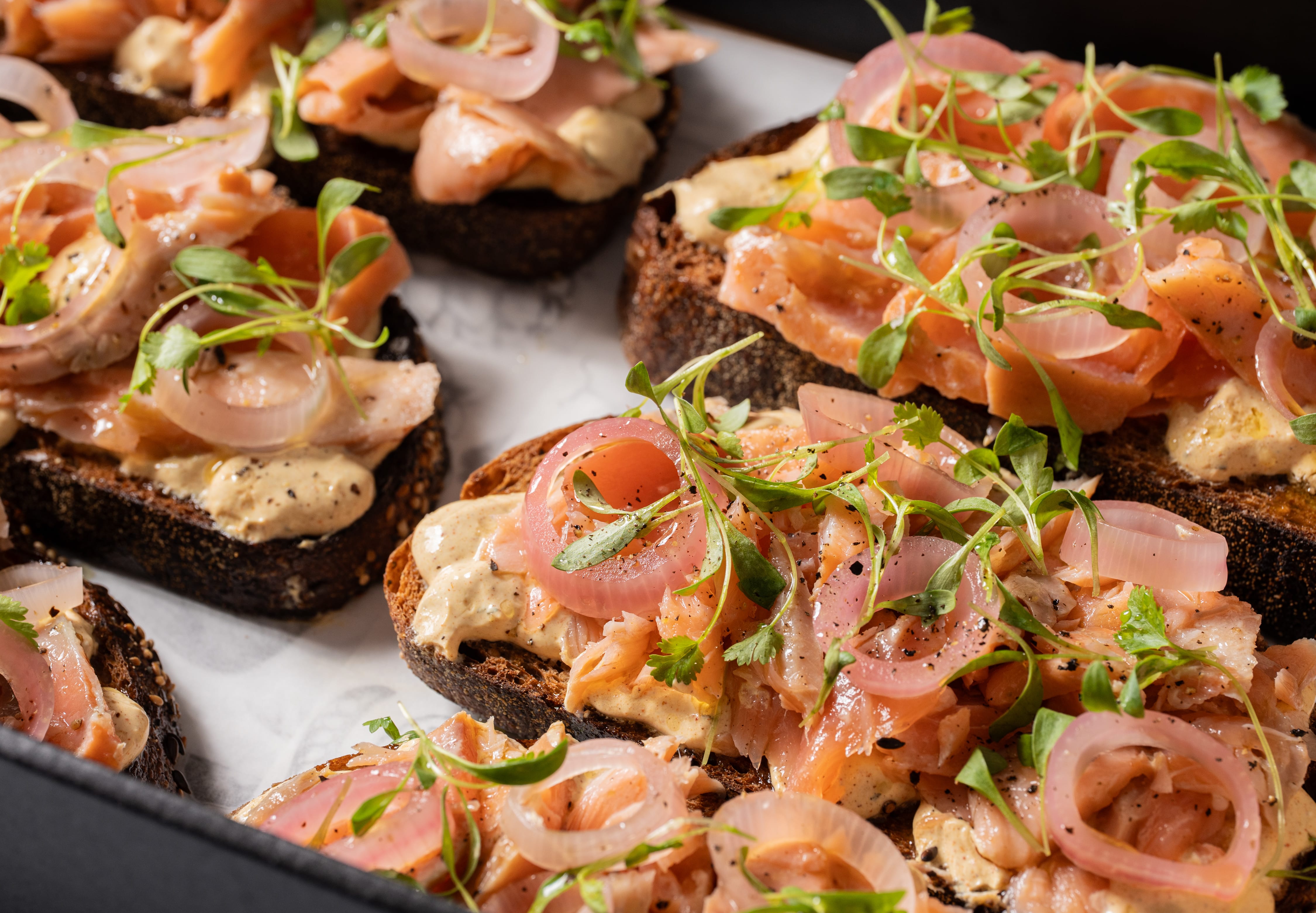 BK Smoked salmon on rye open sandwich – Catering by Simon Sandall