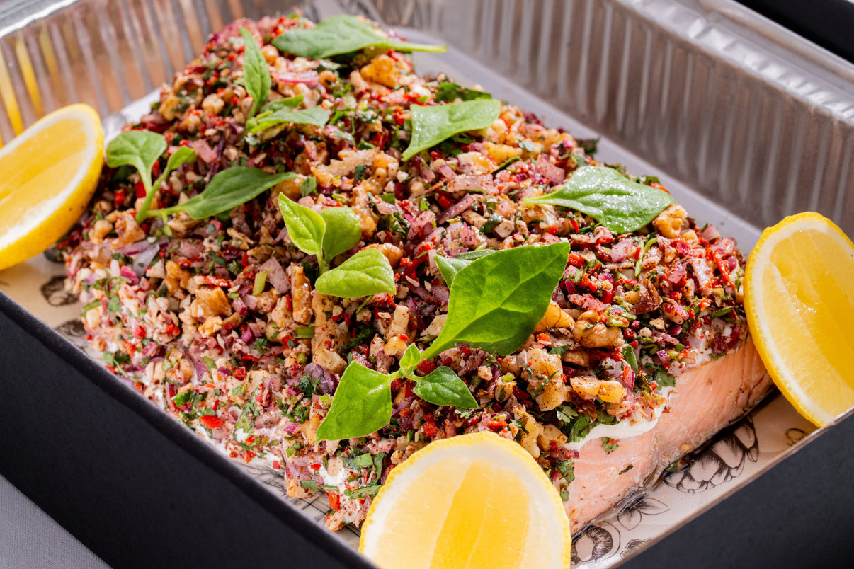 BK Salmon (cold-smoked), walnut tarator & yogurt tahini – Catering by ...